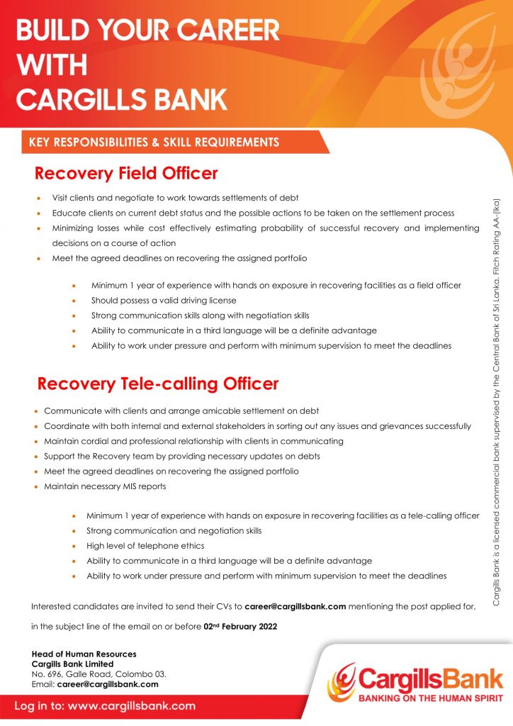Recovery Field Officer & Recovery Telecalling Officer-1 | Cargills Bank